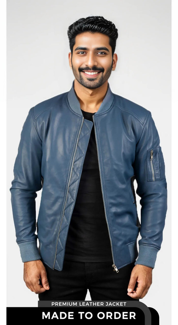Cobalt Blue Leather Bomber Jacket for Men | Kordovan Leather